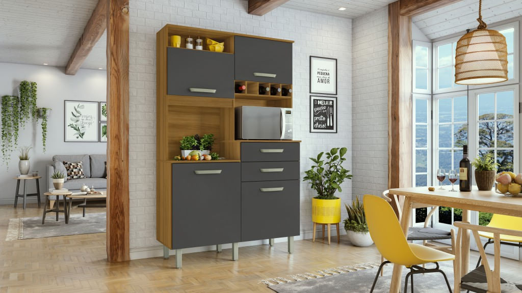 Kit Cozinha 4 Portas 2 Gavetas Cor Freijo/Grafite - Nesher - Lojas ...